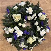 Blue and white traditional wreath - Funeral Flowers Forfar